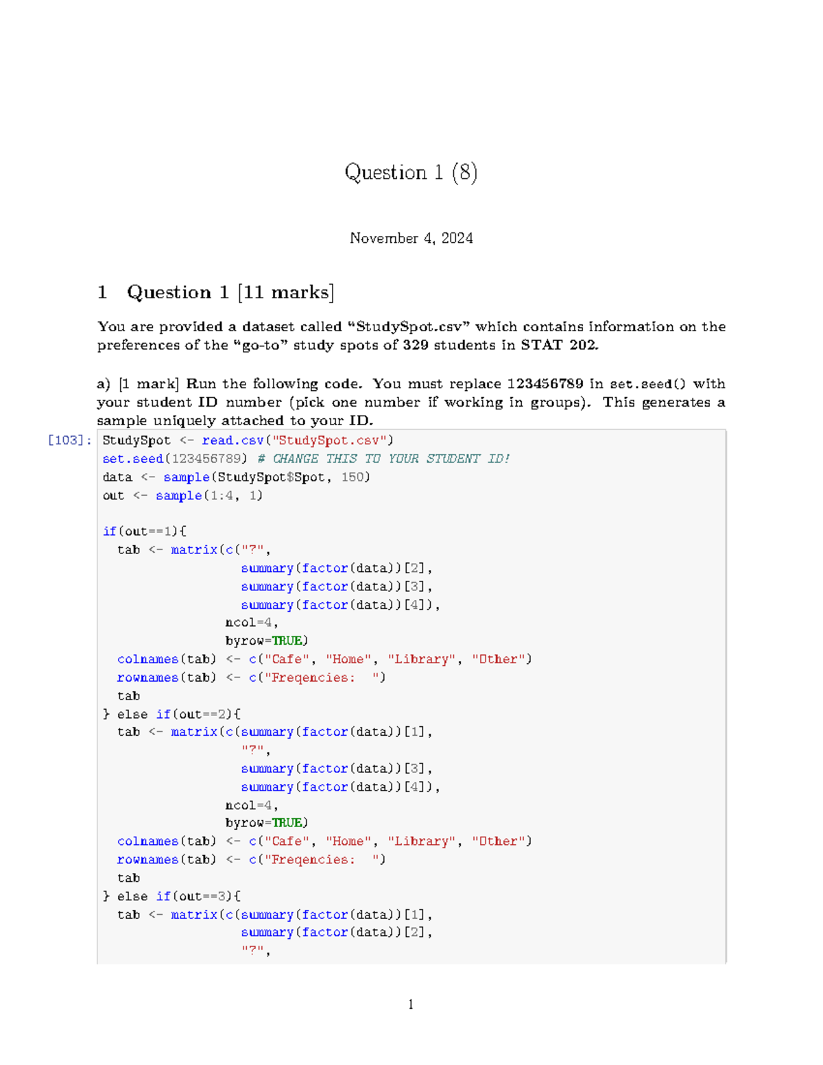 Question 1 - STAT 202 assignment 3 analysis and dataset exploration - Studocu