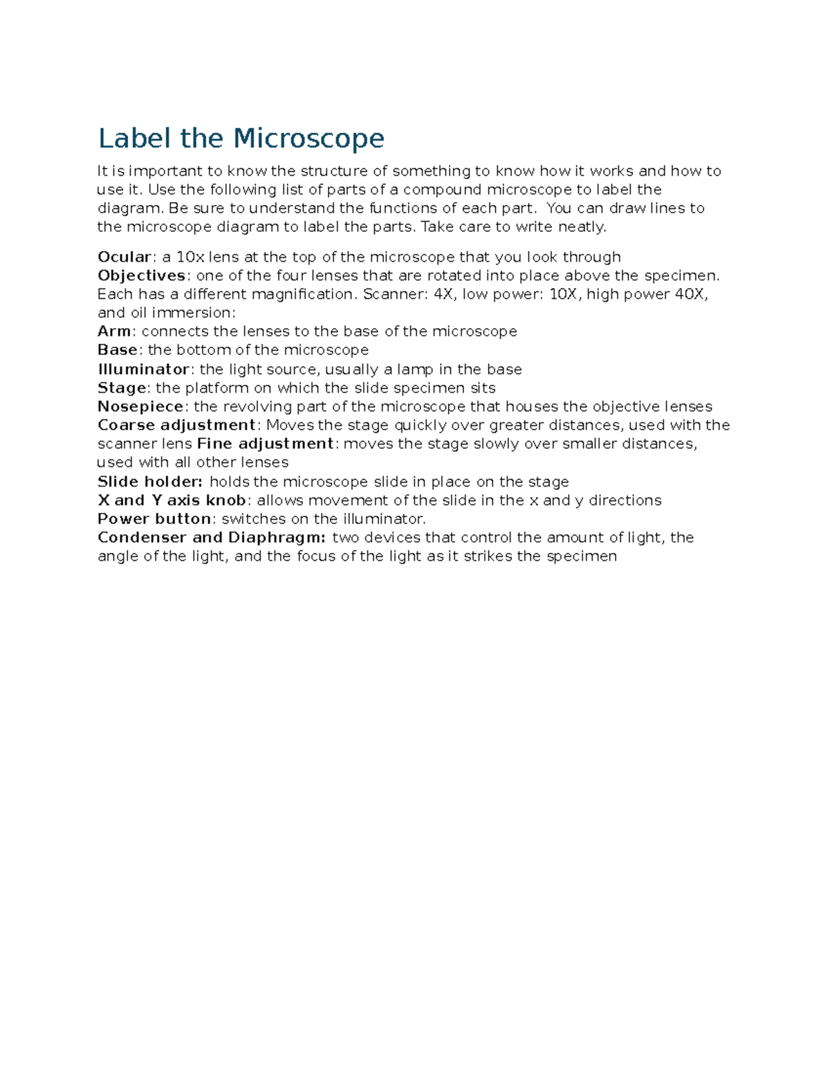 Lab 1 Notebook: Microscope Parts & Cell Structure (Winter 2026) - Studocu