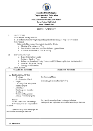 Detailed Lesson Plan BPP Q1 L4: Exploring Baking Ingredients and Sugars ...