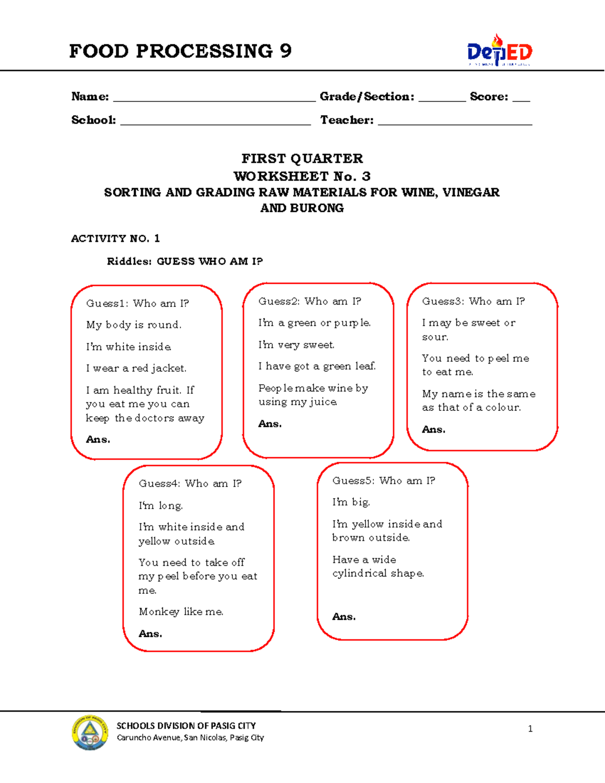 Sptve 9-Food Processing TECH9-Q1-Worksheet 3 on Sorting & Grading - Studocu