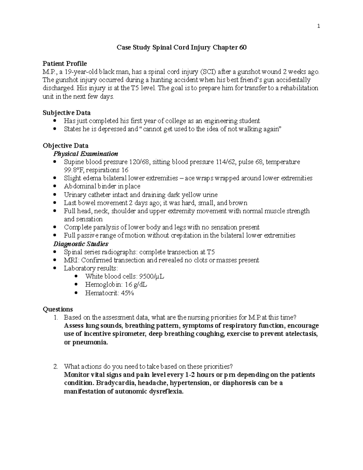 Case study 60 - med surg II care plan - 1 Case Study Spinal Cord Injury Chapter 60 Patient ...