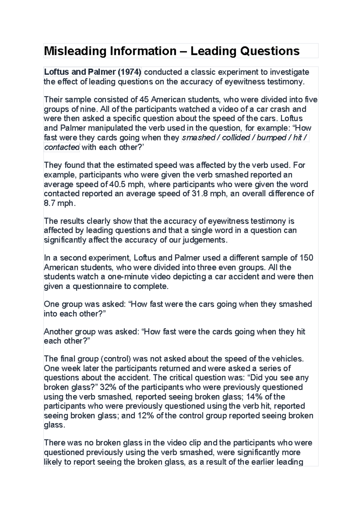 Psychology Study Notes: Loftus & Palmer (1974) on Eyewitness Testimony ...