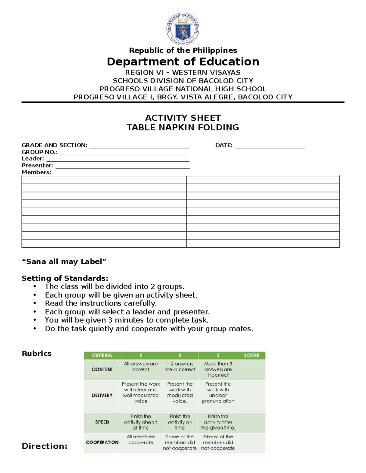 Table Napkin Folding Activity Sheet for Grade Level Group Work - Studocu