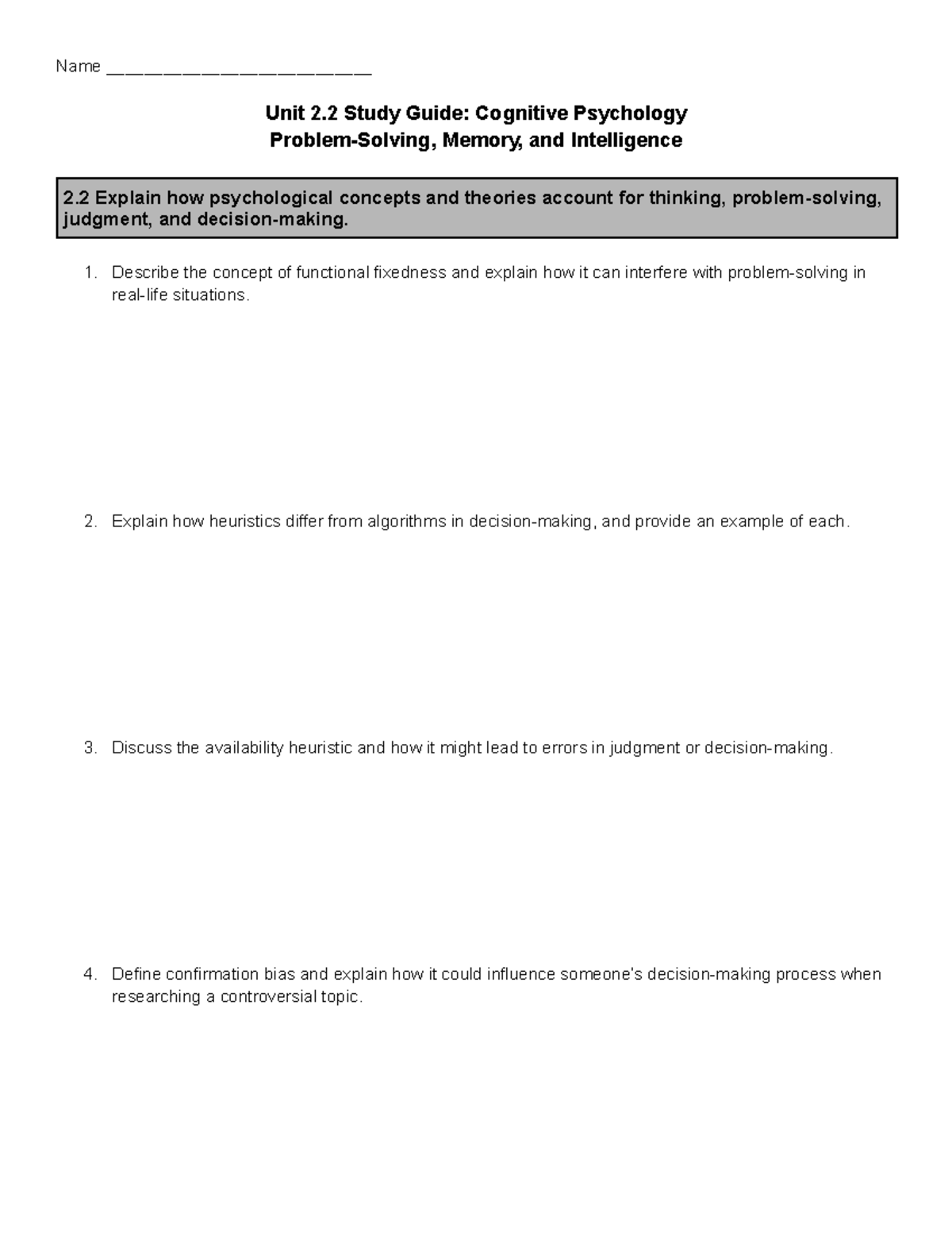 Unit 2.2 Study Guide Cognitive Psychology - Name ...