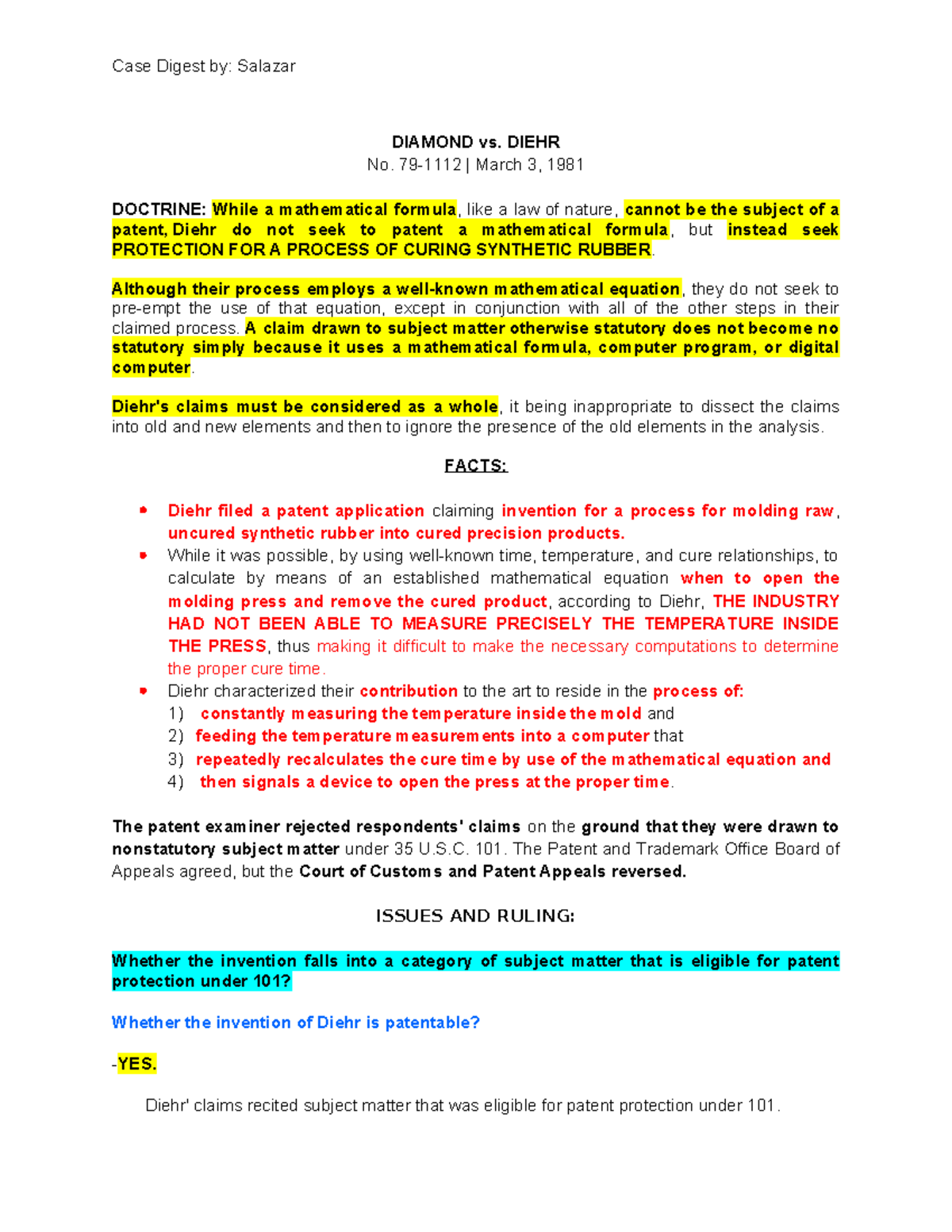 Diamond vs. Diehr - Case Digest by: Salazar DIAMOND vs. DIEHR No. 79 ...