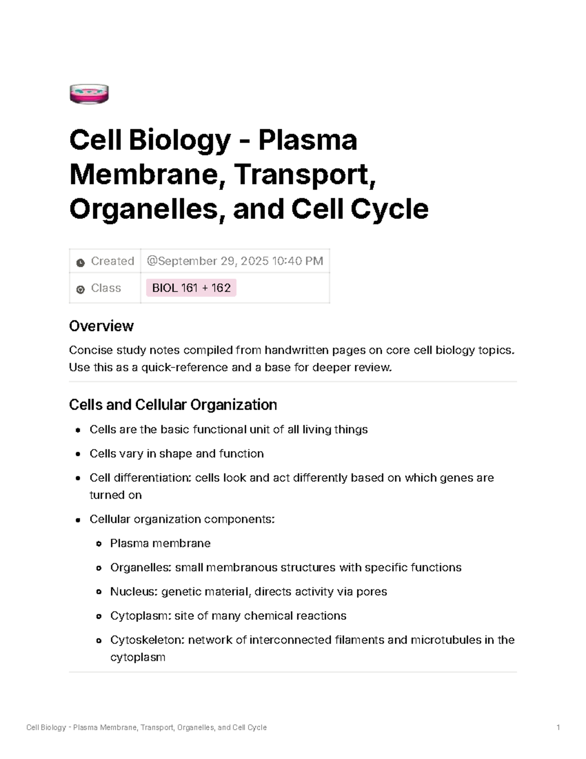 Cell Biology Study Notes: Plasma Membrane, Transport & Organelles (BIOL ...