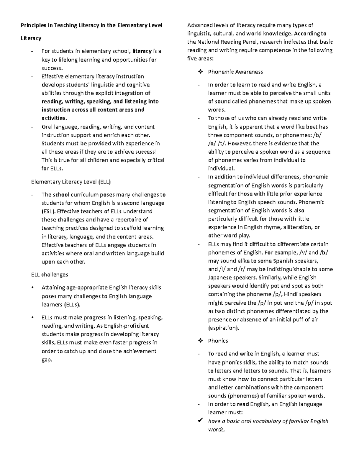 Teaching Literacy Principles for Elementary Level Students (ELL) - Studocu