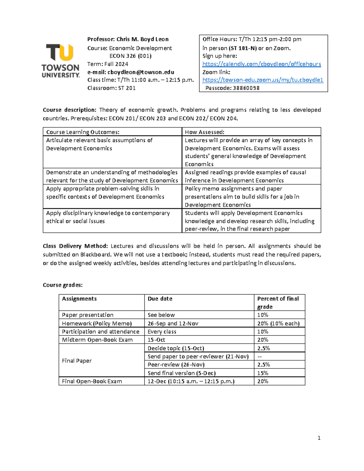 Syllabus for ECON 326: Economic Development, Fall 2024 - Studocu