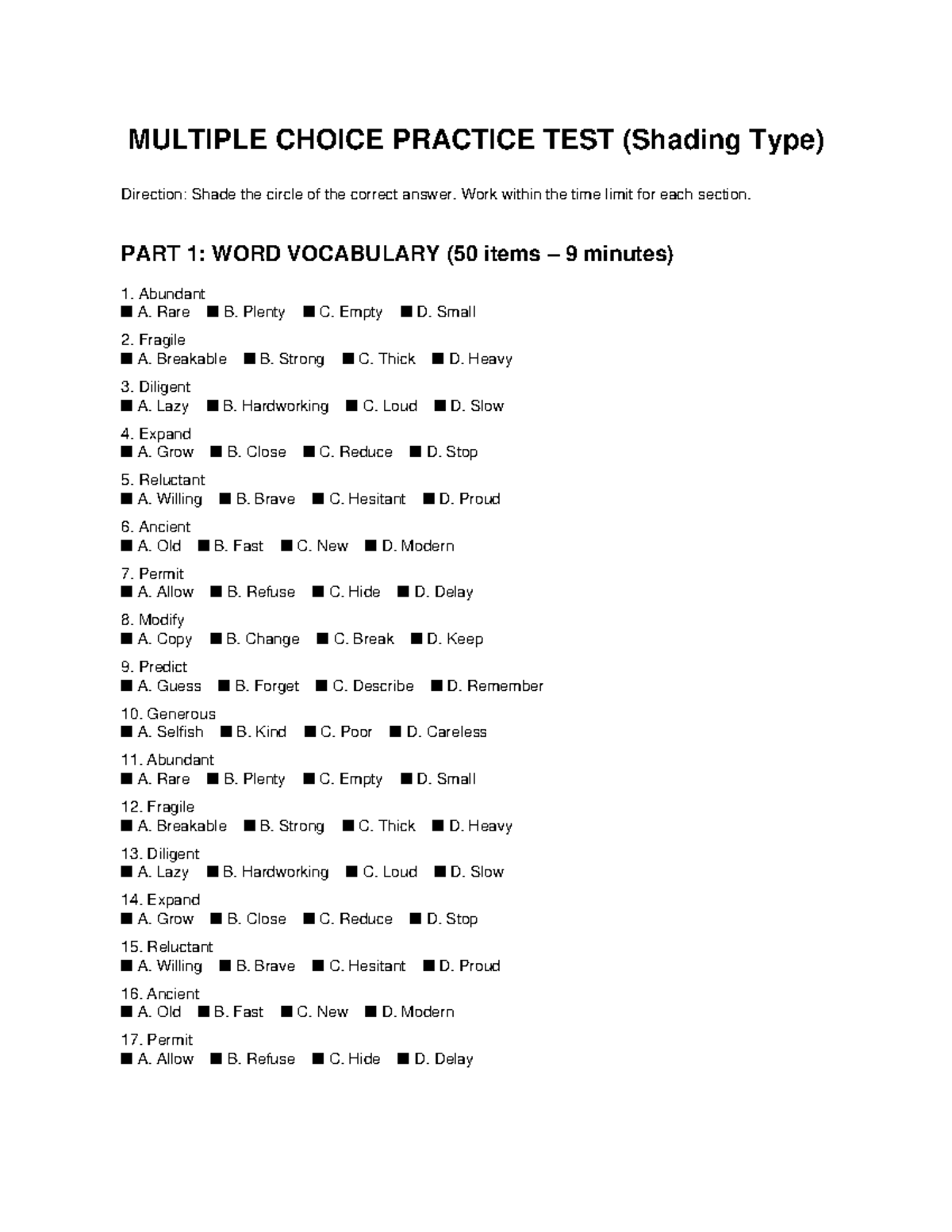 MULTIPLE CHOICE PRACTICE TEST (Shading Type) - Studocu