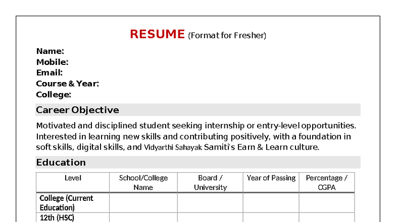 Resume Format for Freshers: Internship Opportunities Guide - Studocu