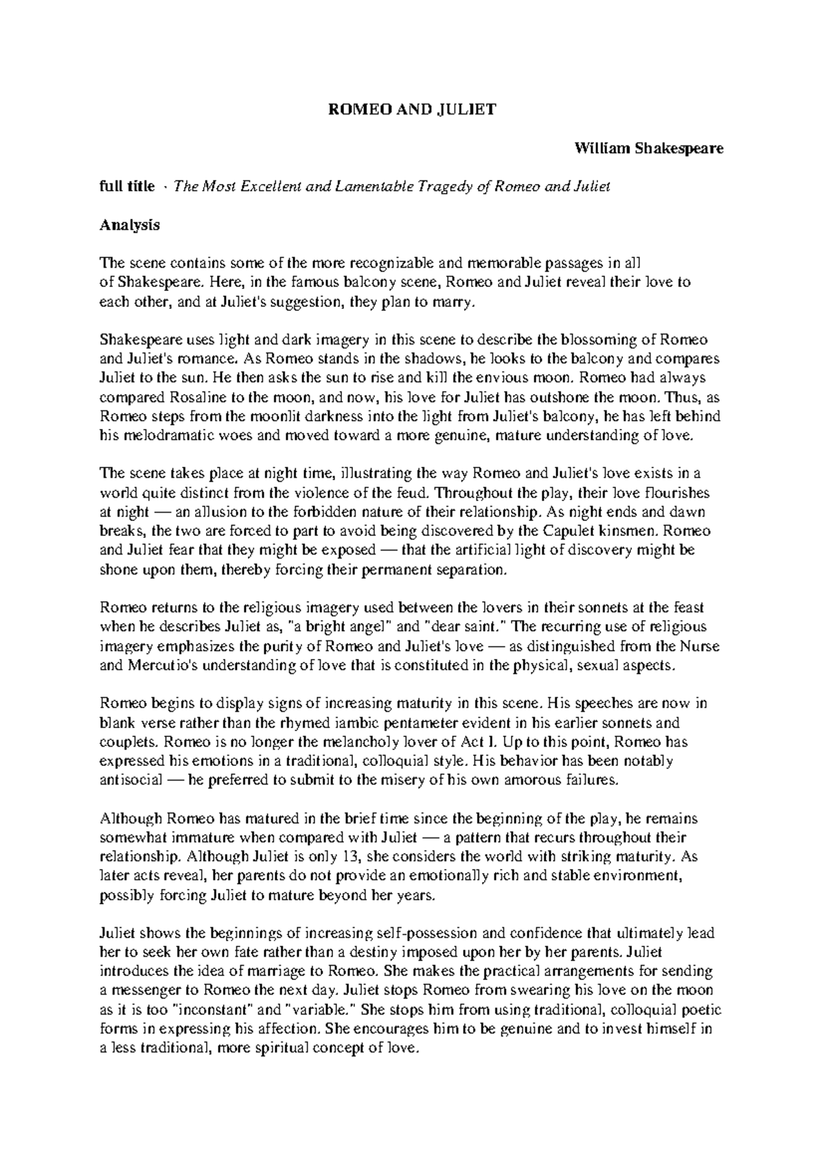 ROMEO AND JULIET (ENG 101) Analysis of the Balcony Scene - Studocu