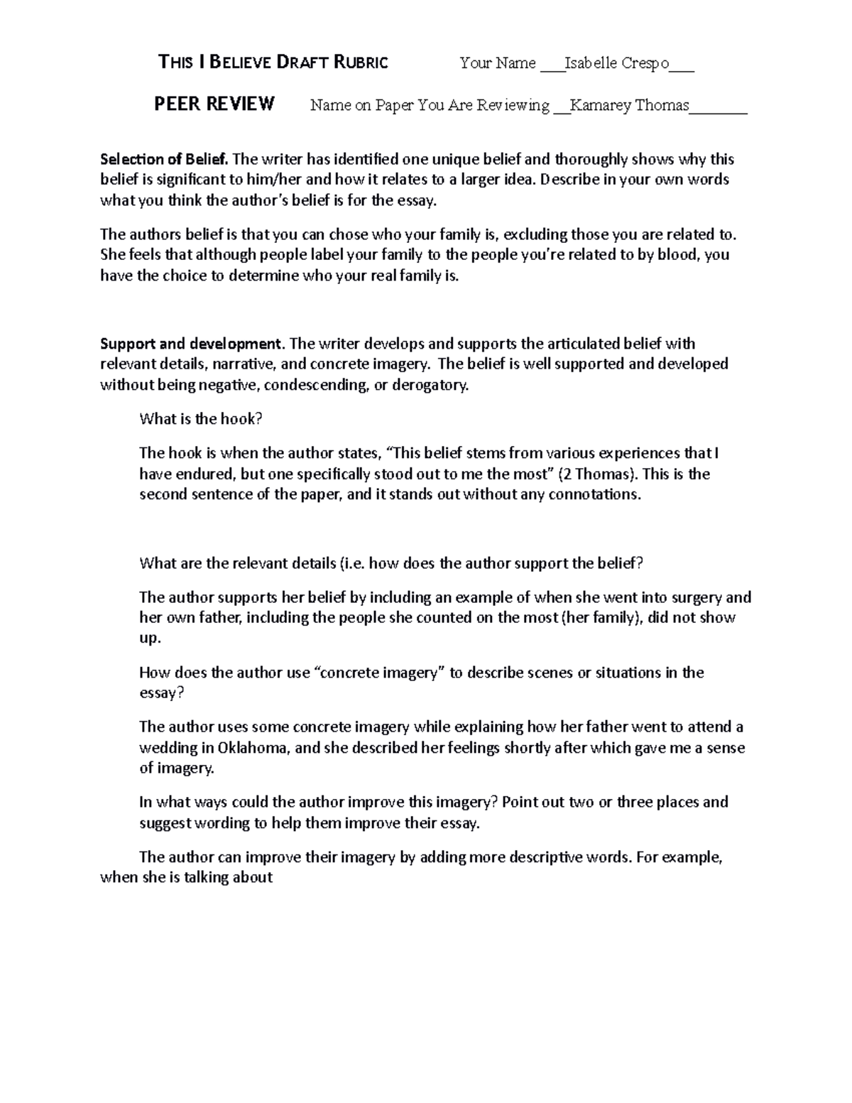 This I Believe PEER Review Workshop Rubric Analysis - Studocu