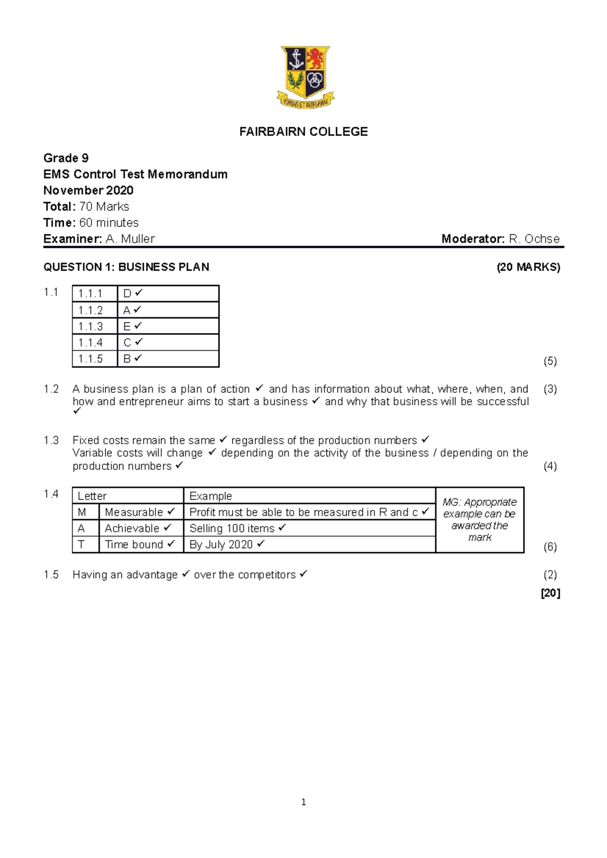 Grade 9 EMS Control Test Memorandum - Nov 2020 (Total: 70 Marks) - Studocu