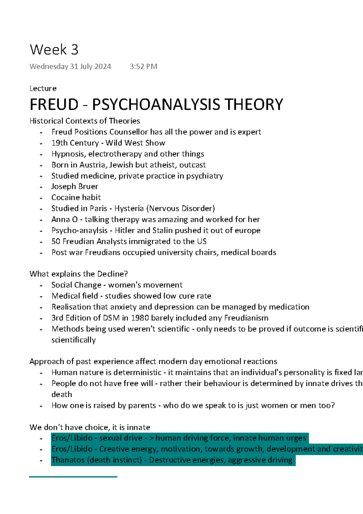 Week 3 - notes - Lecture FREUD - PSYCHOANALYSIS THEORY Historical ...