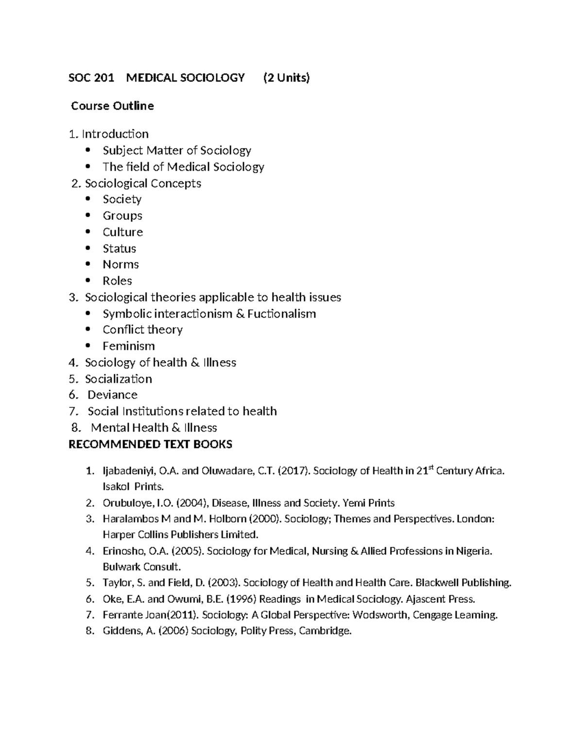 SOC 201: Medical Sociology Course Outline and Key Concepts - Studocu