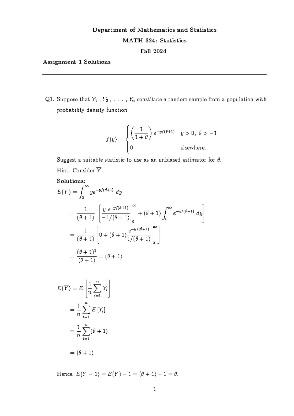 MATH 324 Assignment 1 Solutions - Fall 2024 - Studocu