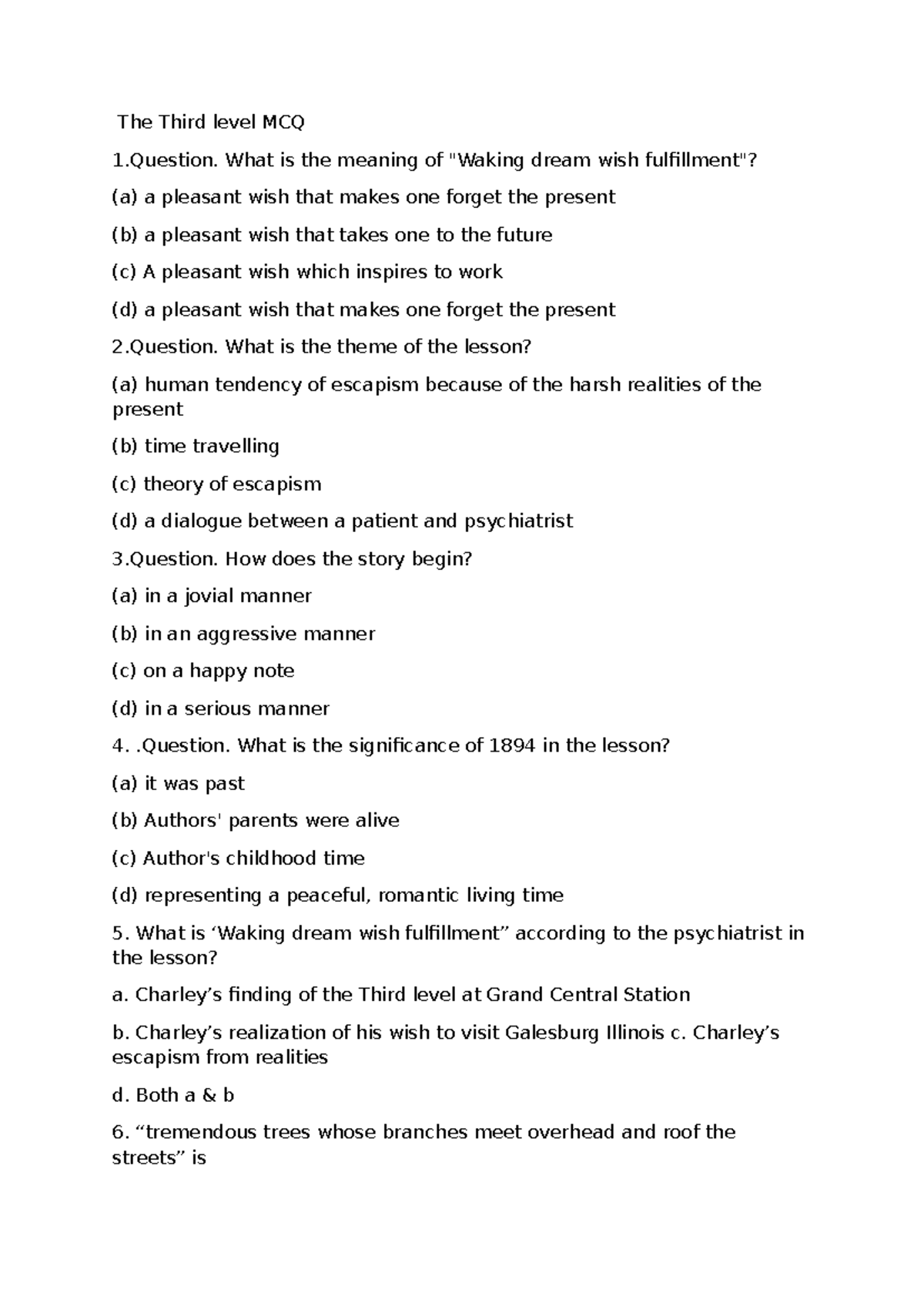 Third Level MCQ Quiz: Understanding Dream Wish and Themes - Studocu