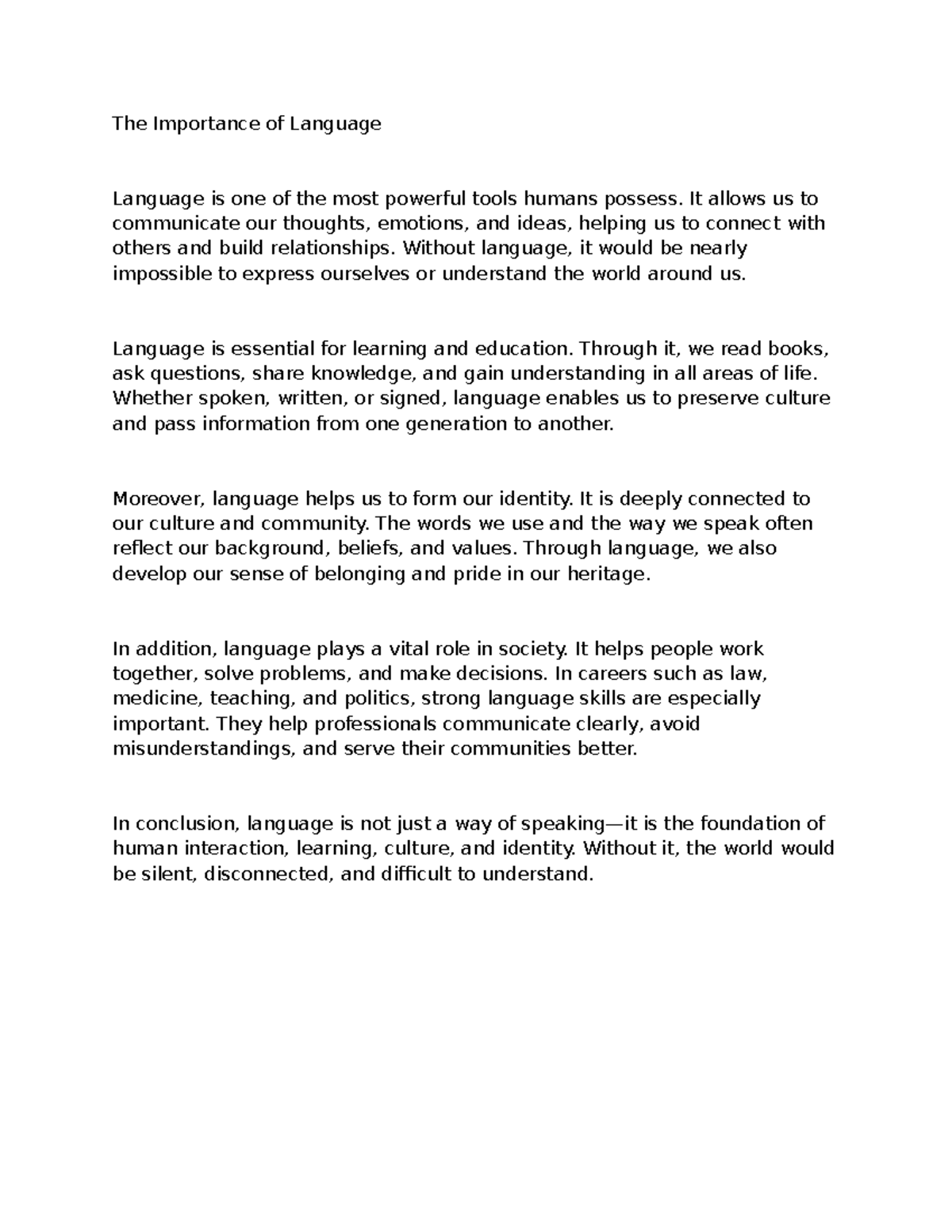 ENG101 - Essay on the Importance of Language in Communication and ...