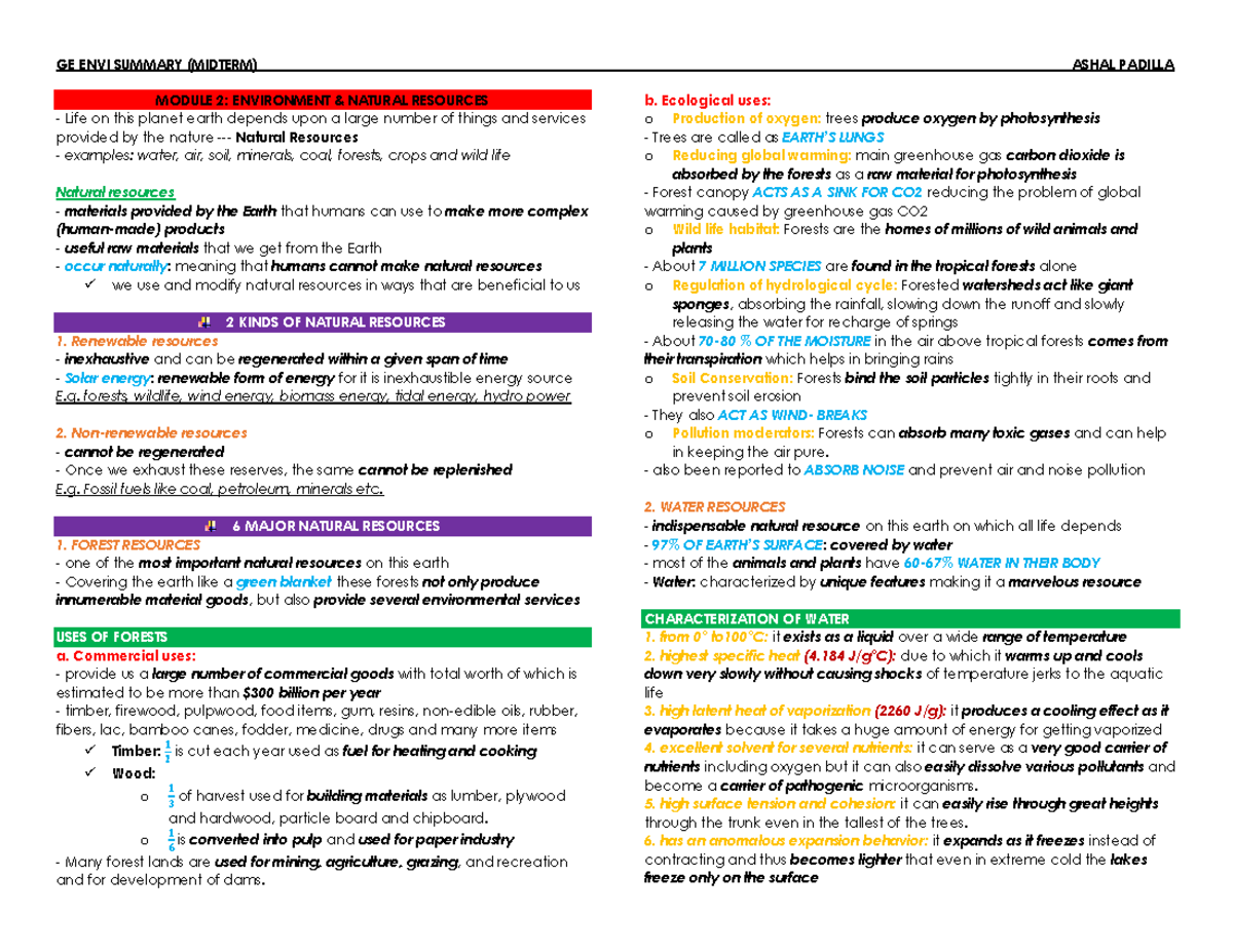 Module 2 ENVI Midterm Summary: Environmental Science Insights - Studocu