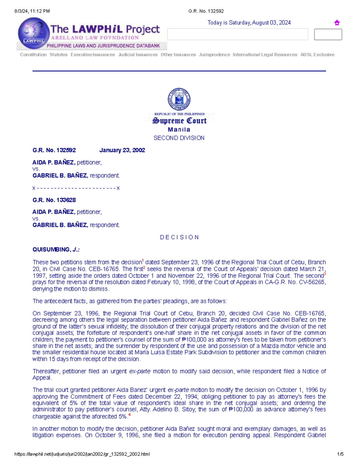 G.R. No. 132592: Legal Separation Case Analysis and Court Decisions ...