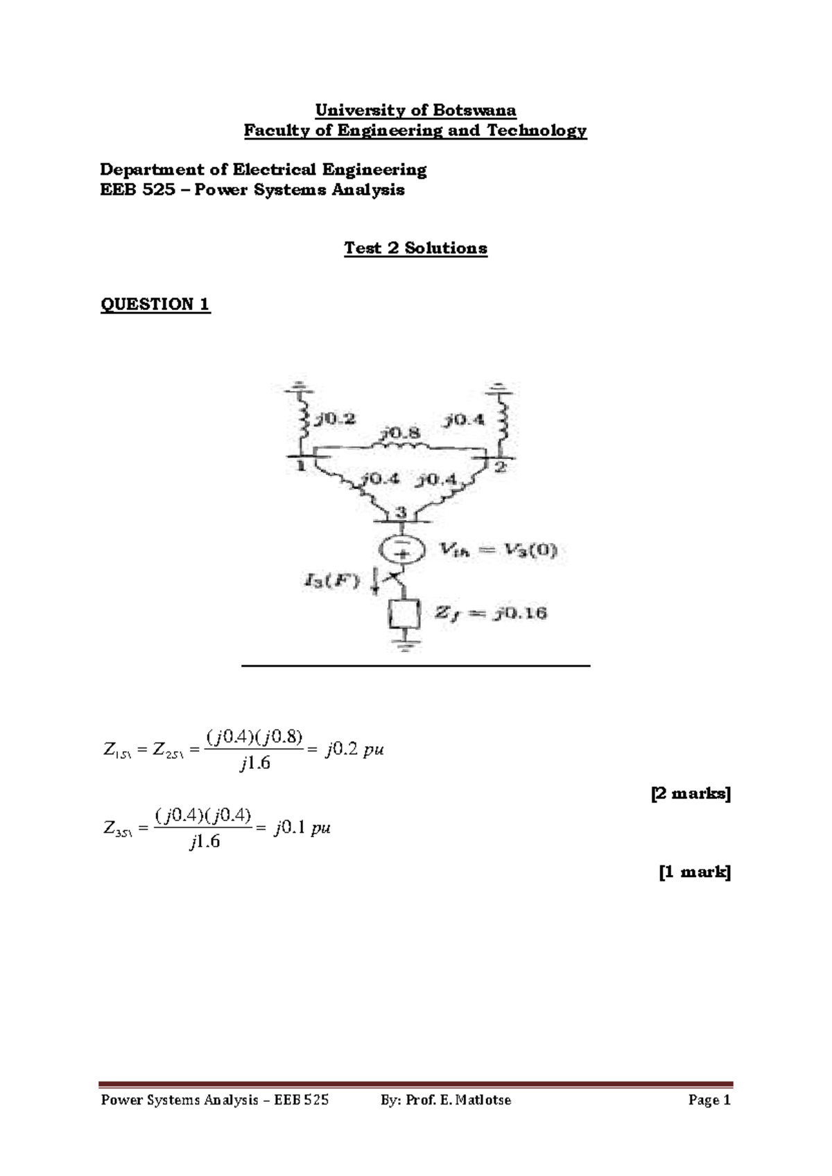 EEB 525 Power Systems Analysis Test 2 Solutions 2018 - Studocu