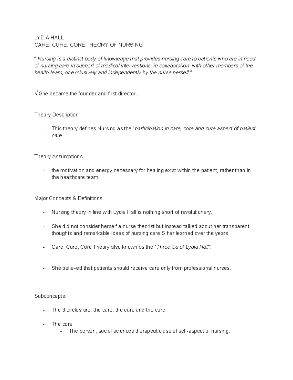 Lydia HALL P2 Reviewer - TFN - LYDIA HALL CARE, CURE, CORE THEORY OF ...