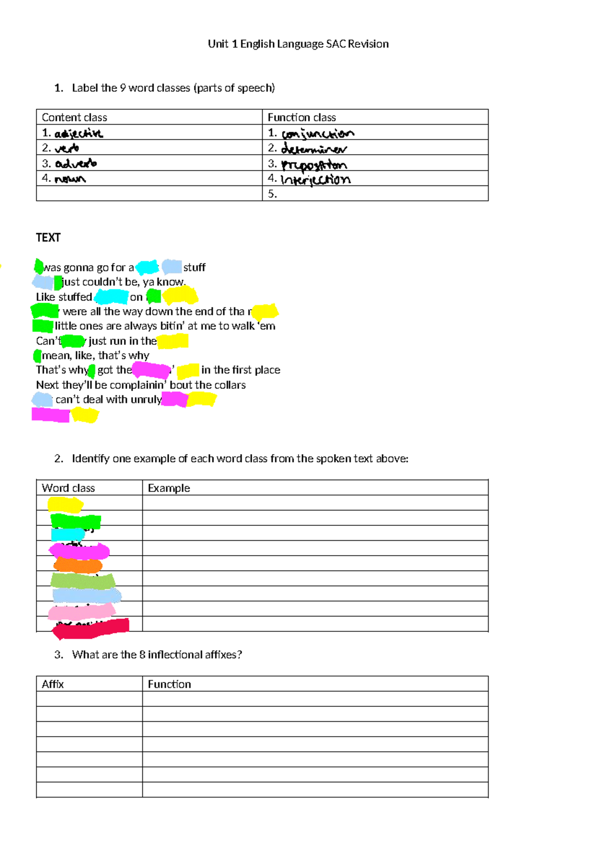 Unit 1 English Language SAC Revision: Word Classes & Affixes - Studocu