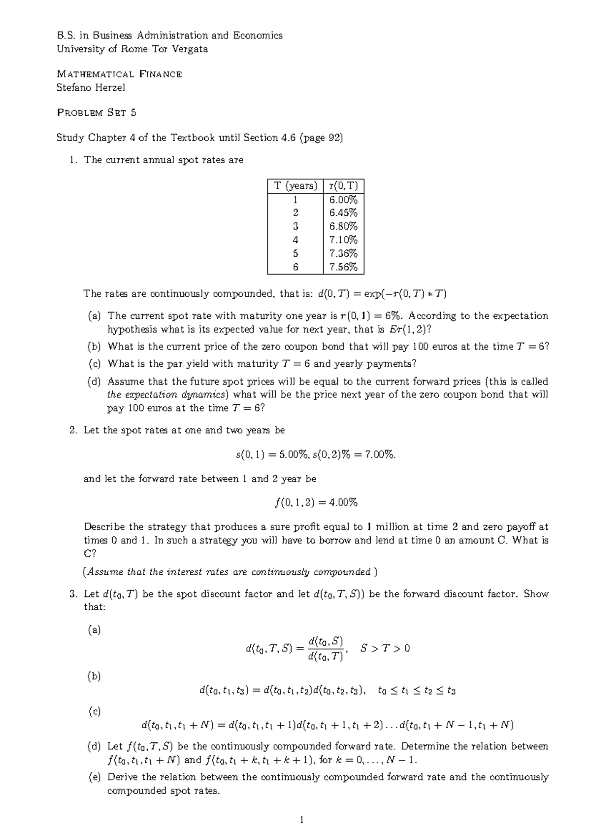 MF 2025/2026 Homework 5: Mathematical Finance Problem Set 5 - Studocu