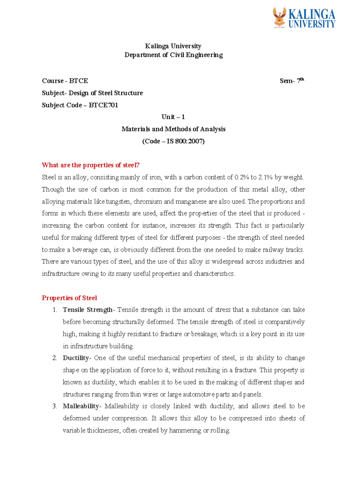 JULY-DEC 2024 BTCE 7 SEM V8 BTCE701 Design of Steel Structures Unit 1 ...