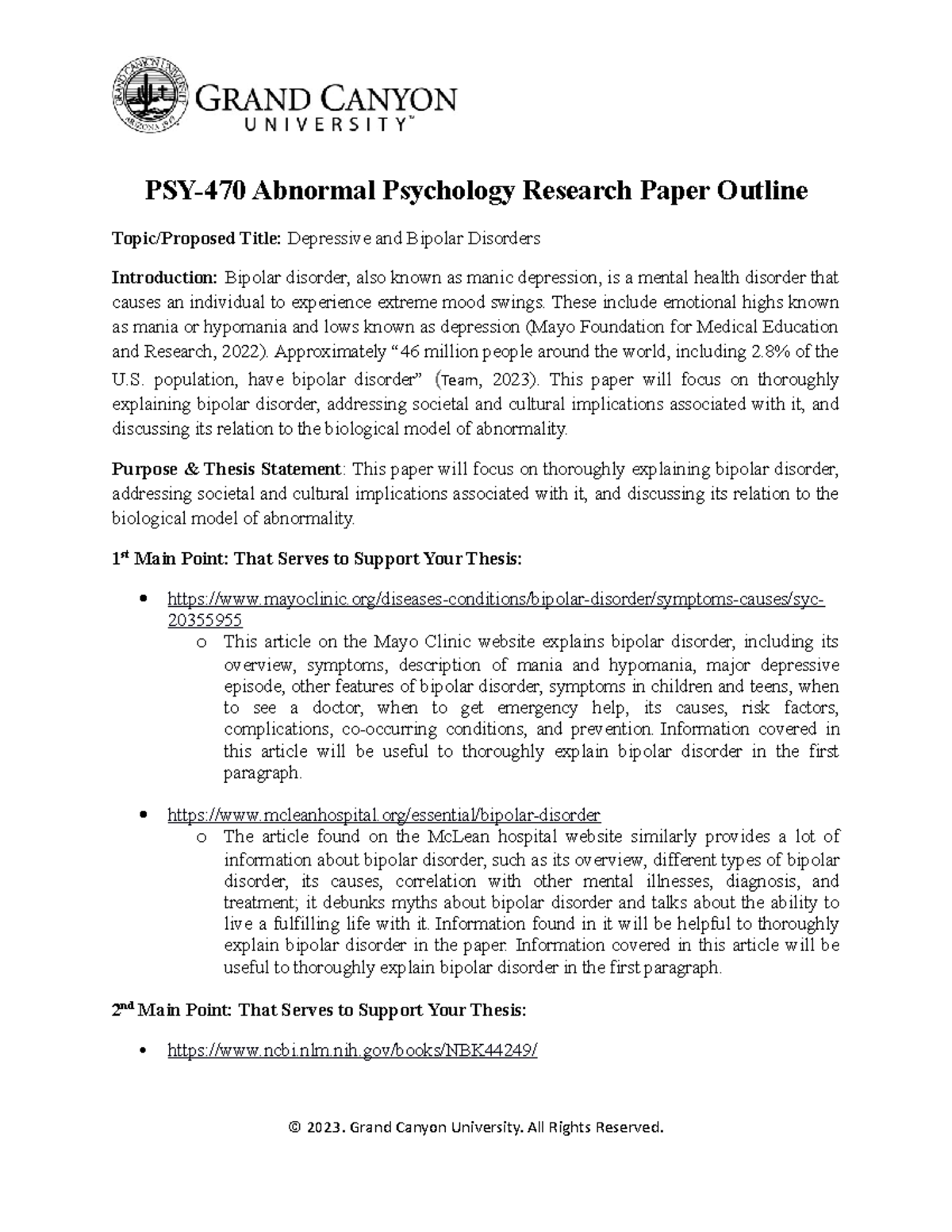PSY-470 Abnormal Psychology Research Paper Outline - PSY-470 Abnormal ...