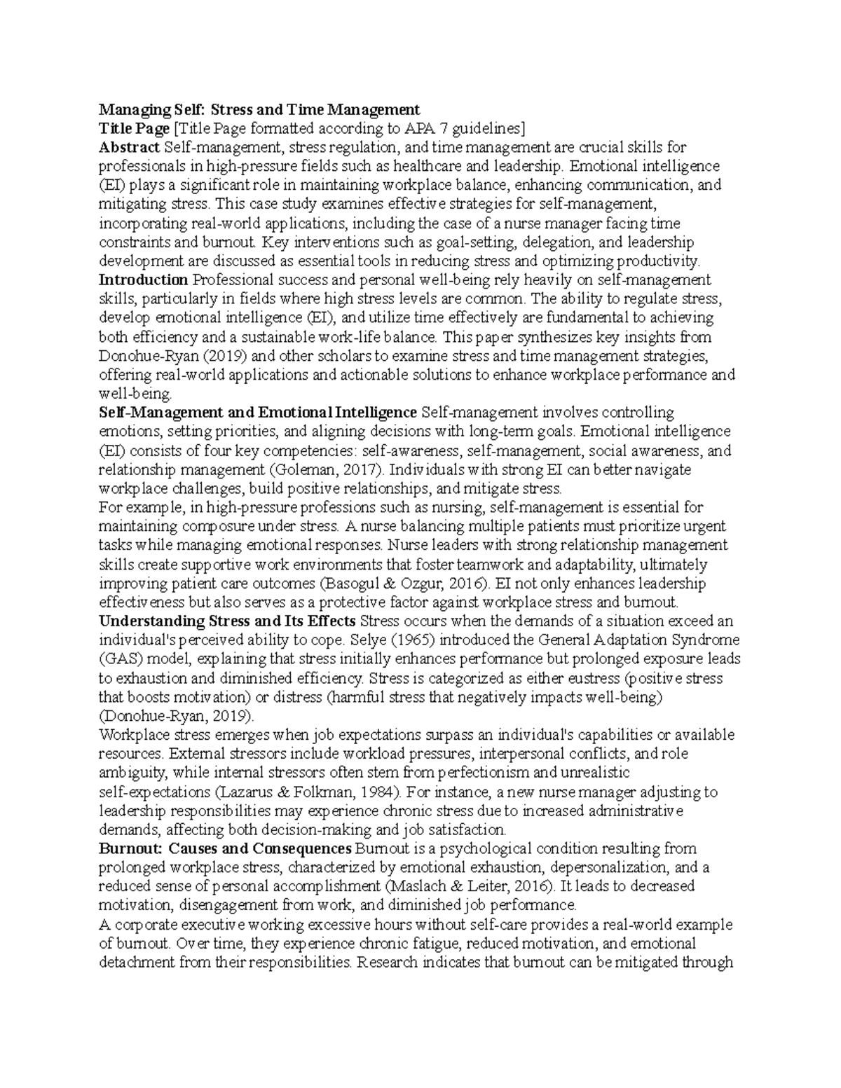 Managing Self: Stress & Time Management Case Study (NUR 101) - Studocu