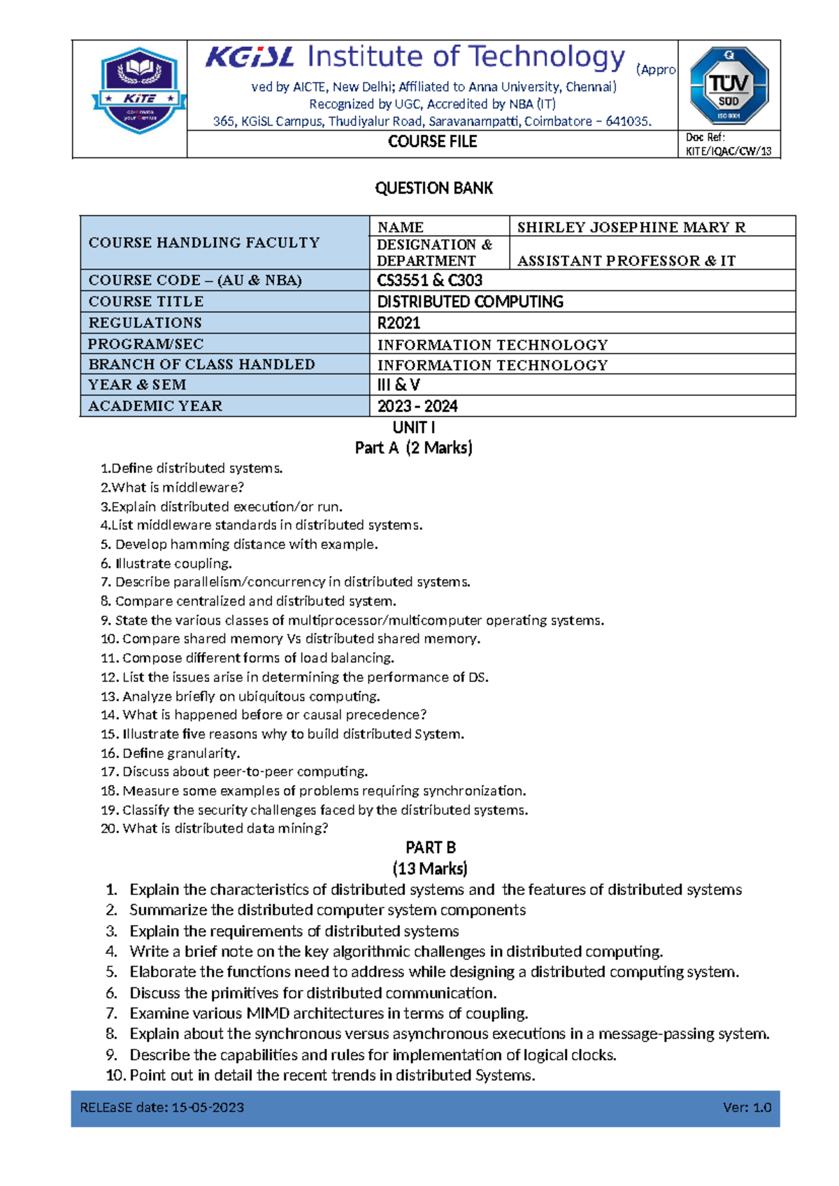 Question Bank for CS3551: Distributed Computing - Academic Year 2023 ...