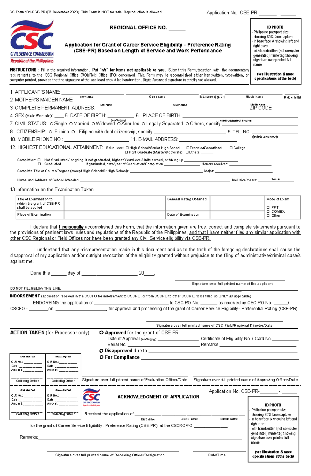 CS Form 101: Application for Career Service Eligibility (CSE-PR) - Studocu