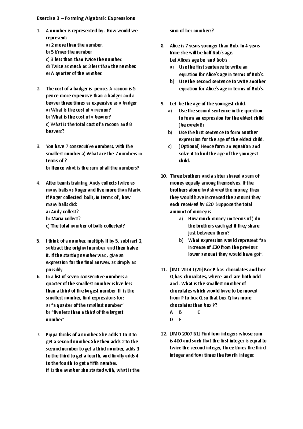 Yr7-Forming Algebraic Expressions-Exercise 3 Solutions - Studocu