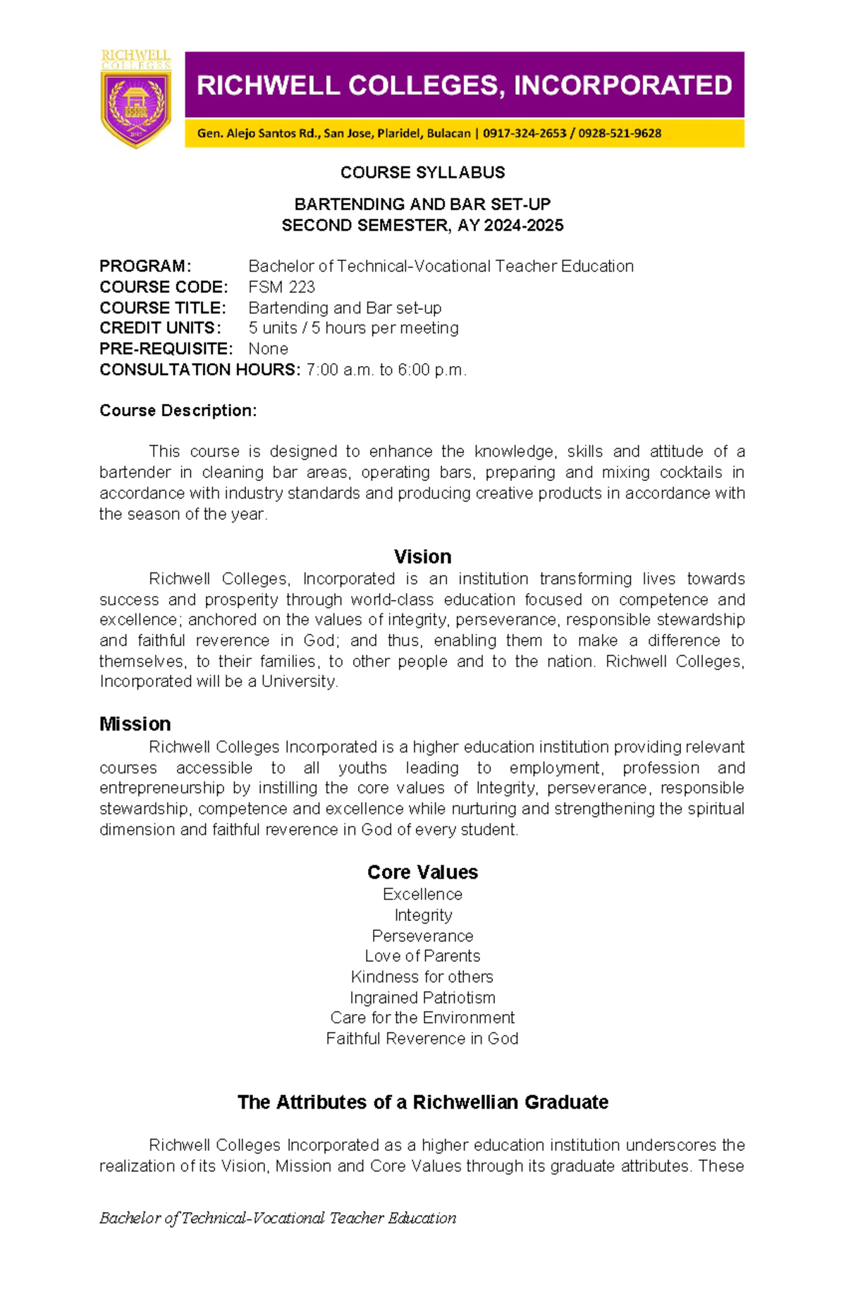 FSM 223 Bartending and Bar Setup Syllabus for 2024-2025 - Studocu