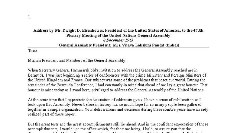 Eisenhower's Address to the UN General Assembly: Atoms for Peace - Studocu