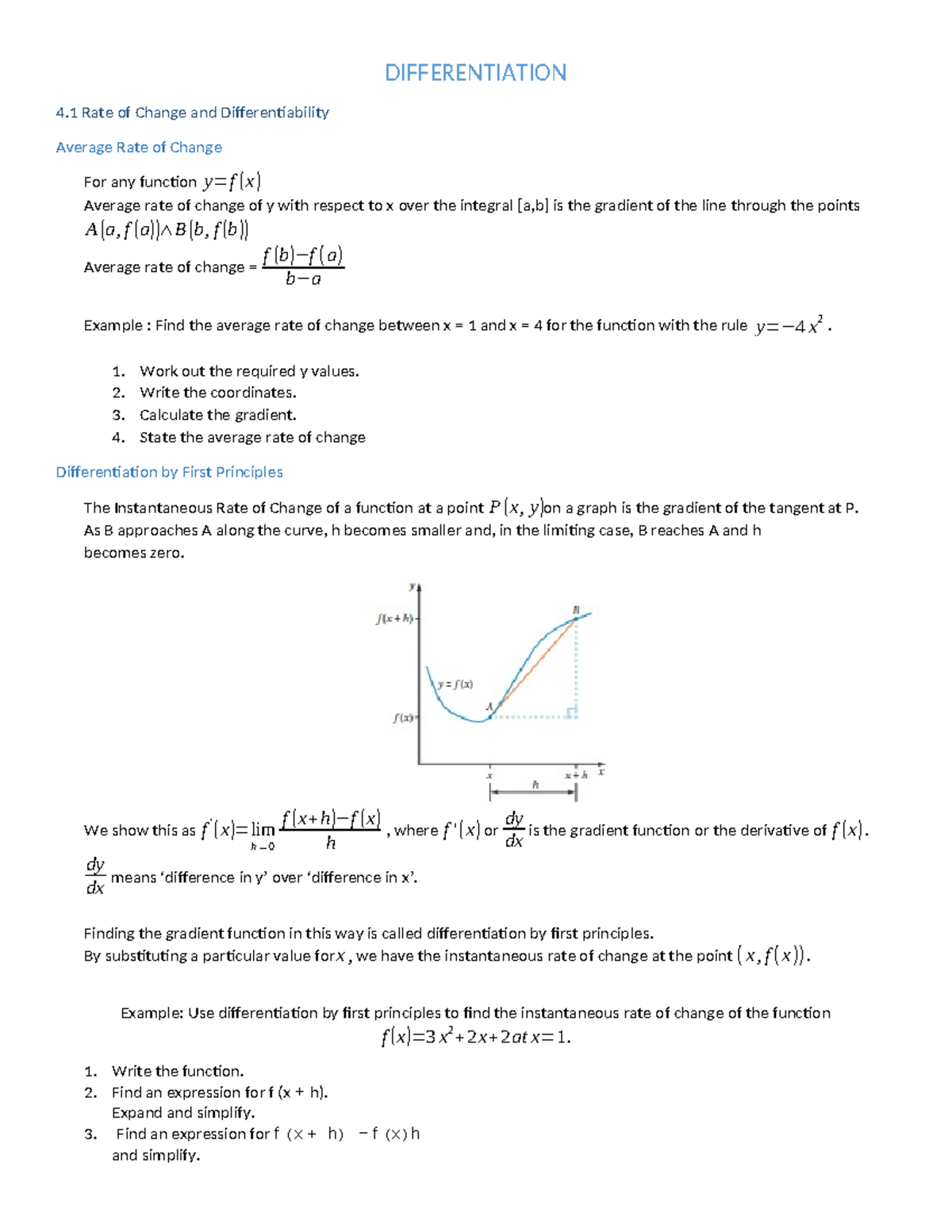 Differentiation 4.1: Rate of Change and Differentiability Notes - Studocu