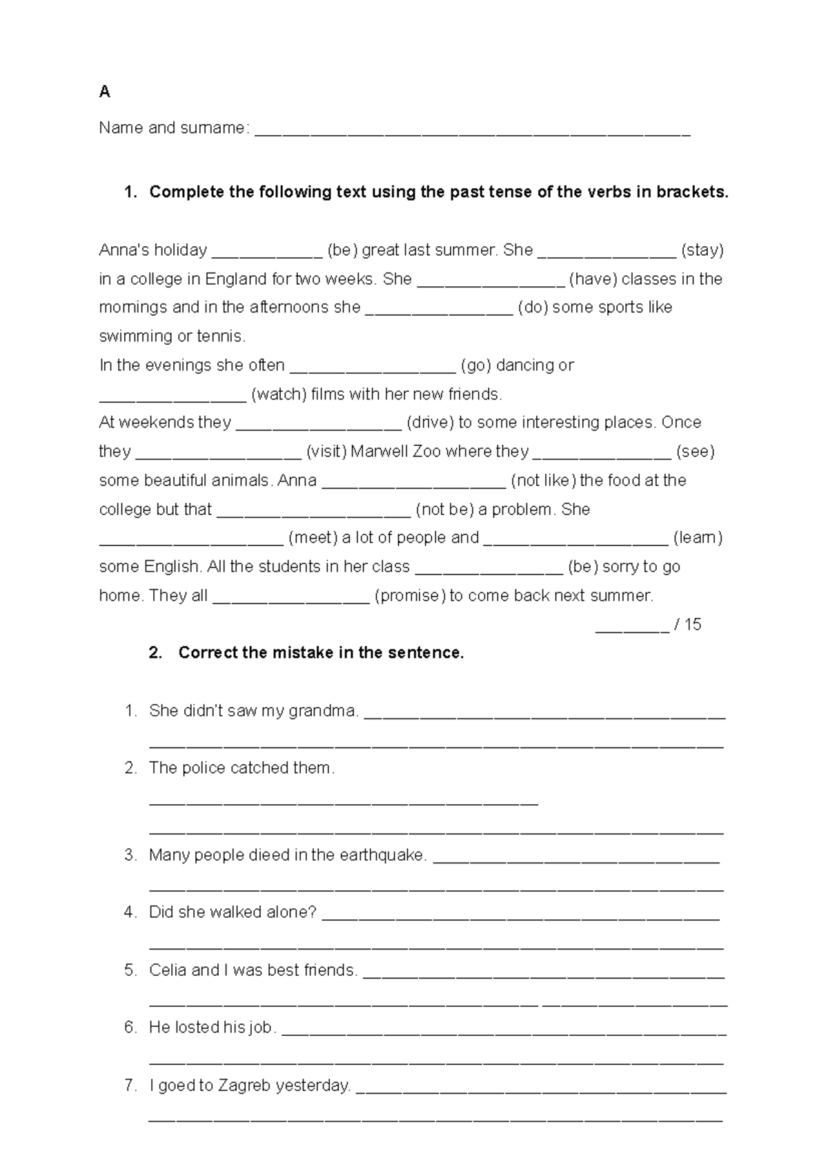 Past-simple-7c - PRACTICE GRAMMAR - A Name and surname: - Studocu