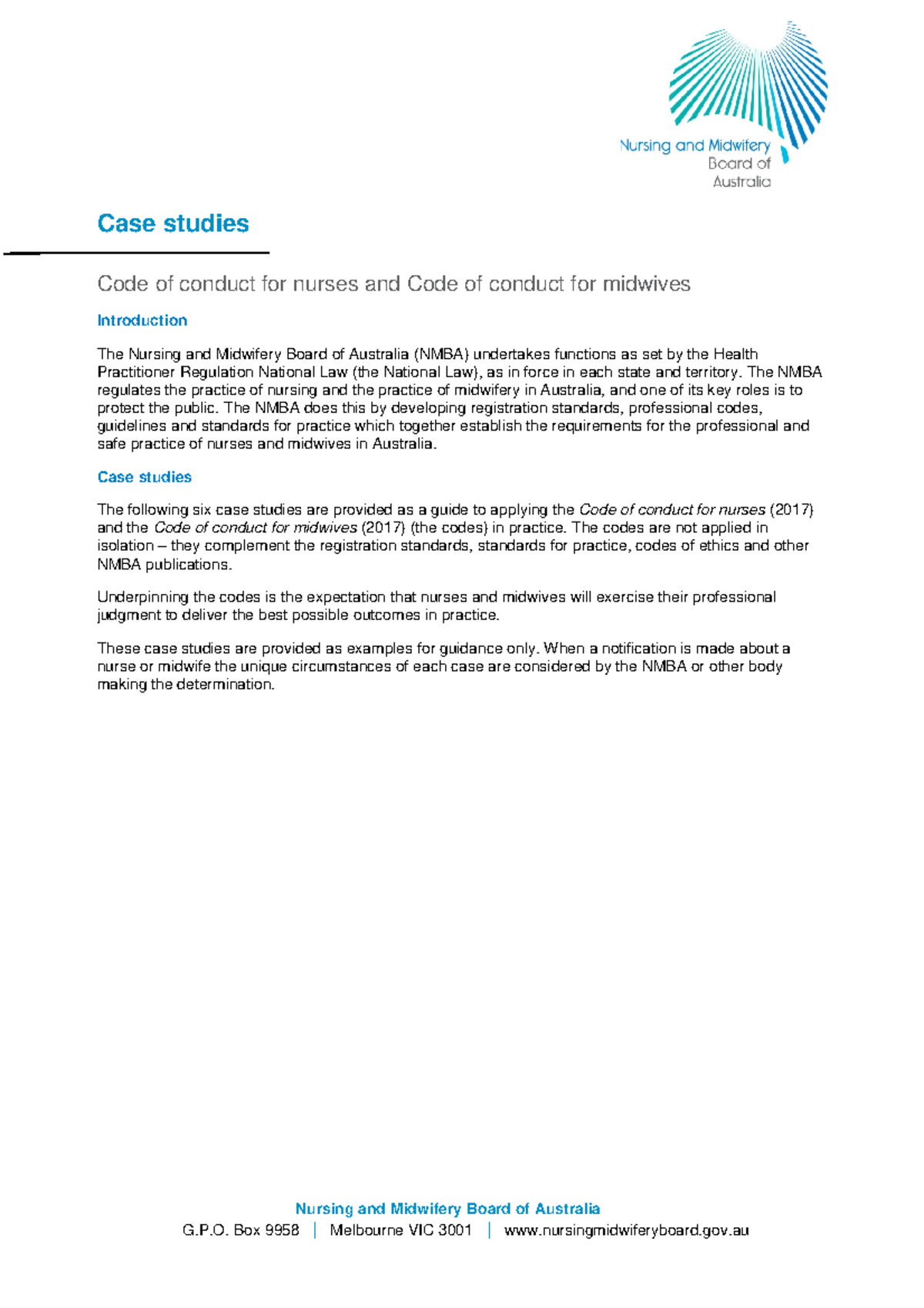 NMBA Case studies Code of conduct for nurses and Code of conduct for ...