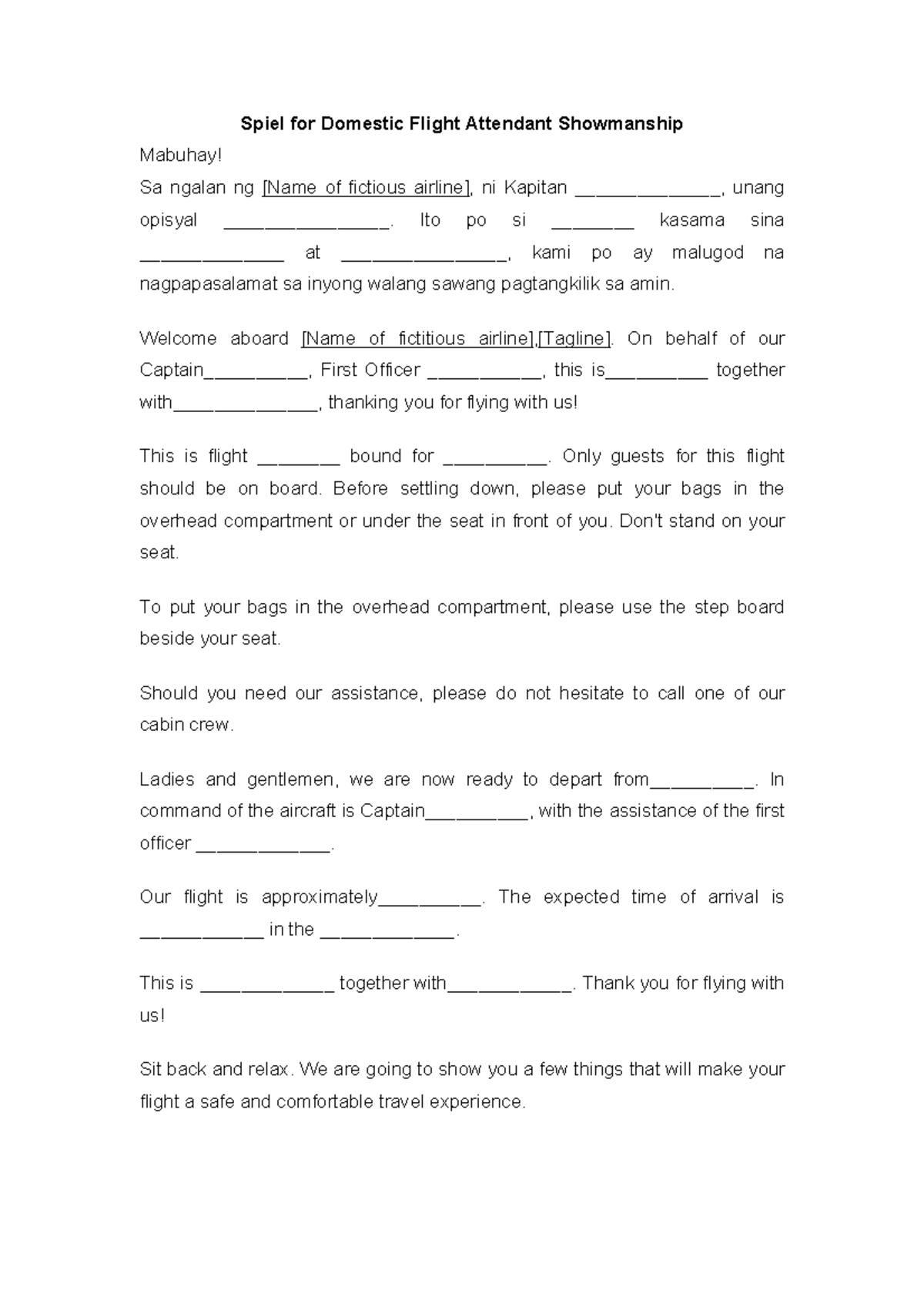 FA - Domestic Flight Attendant Safety Briefing Script - Studocu