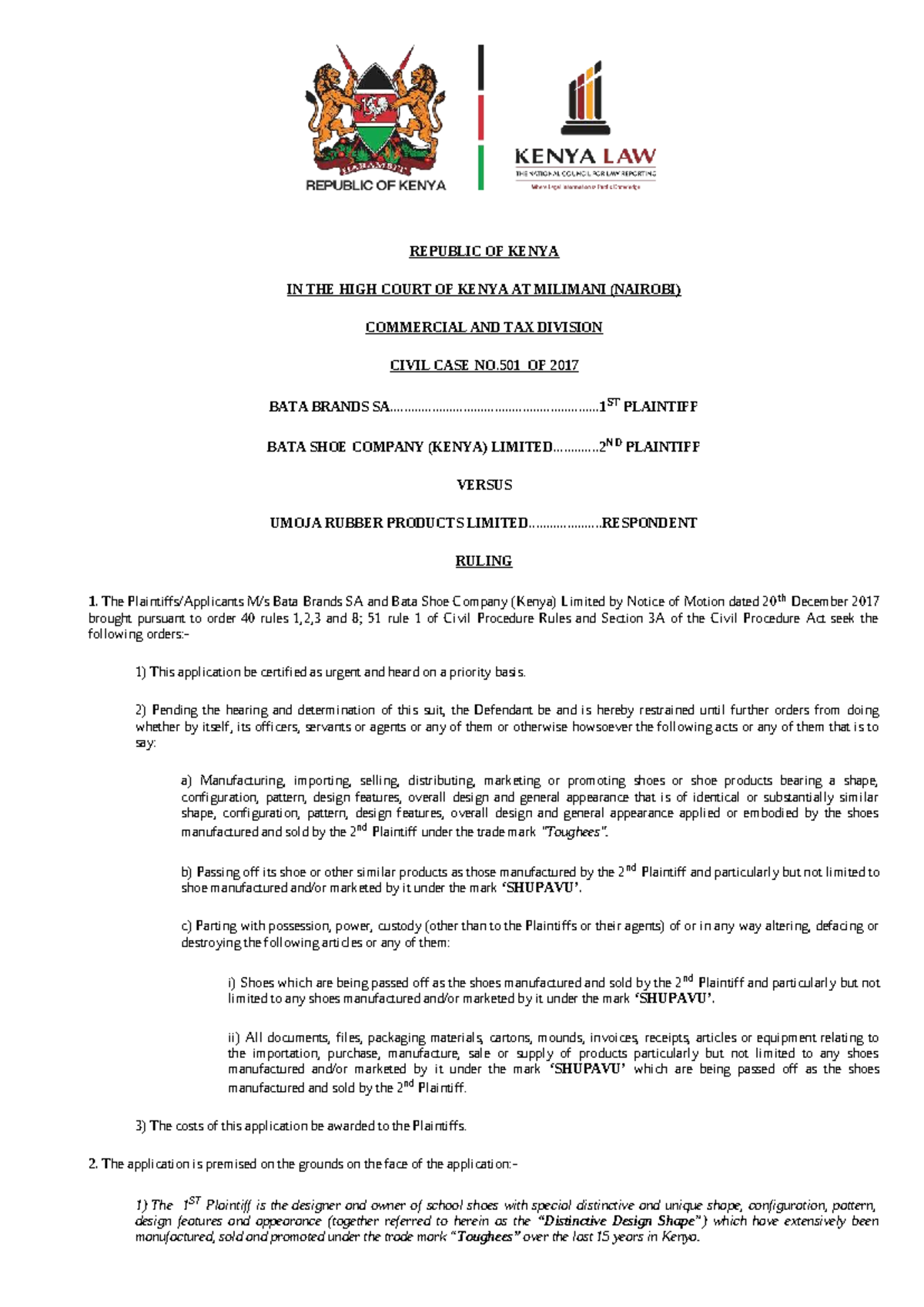 Bata Brands SA v Umoja Rubber Products Ltd - Civil Case Ruling 2018 ...