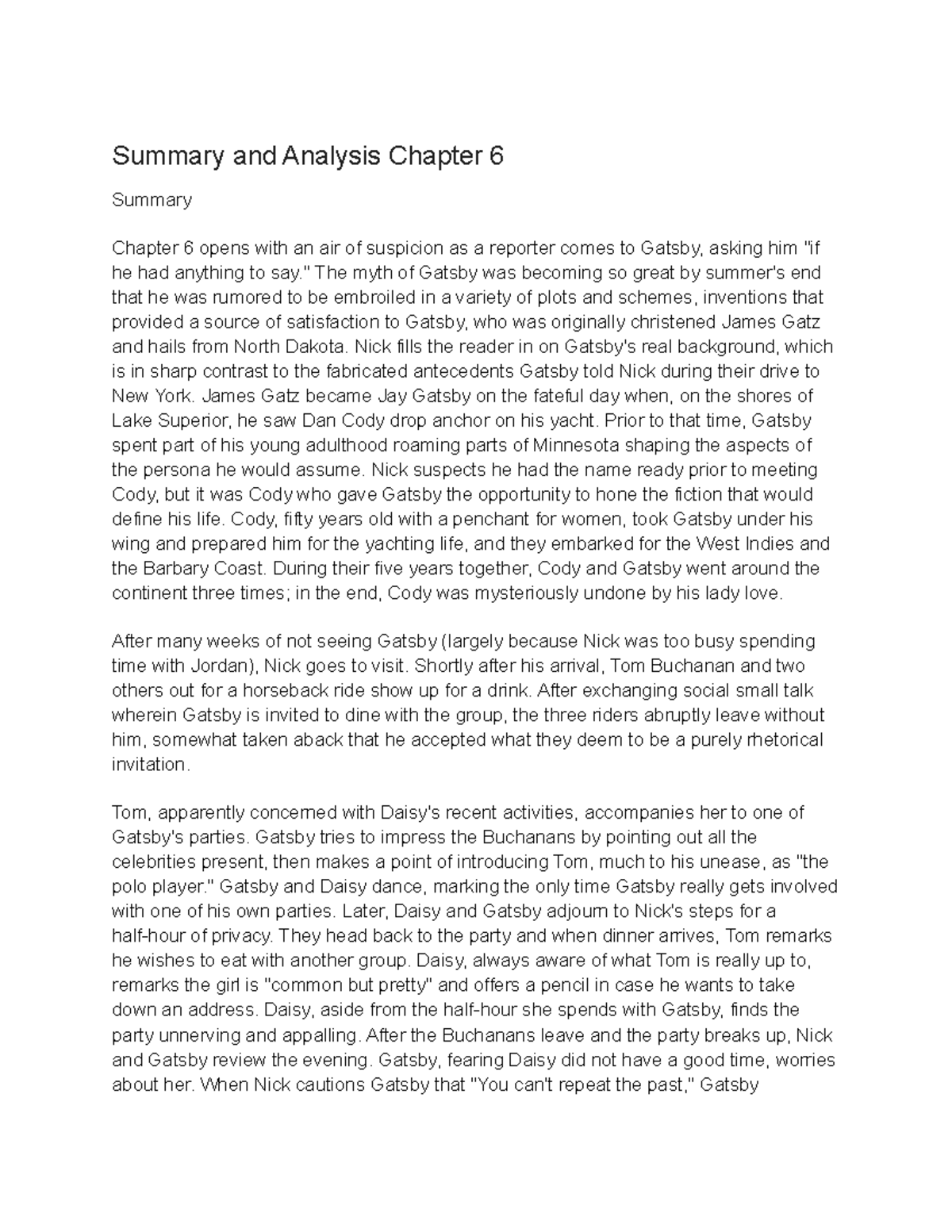 English 7 - Summary & Analysis of The Great Gatsby: Chapters 6 & 7 ...