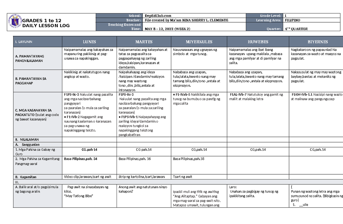 Daily Lesson Log Plan Example for Teachers (Grade 1, Filipino) - Studocu