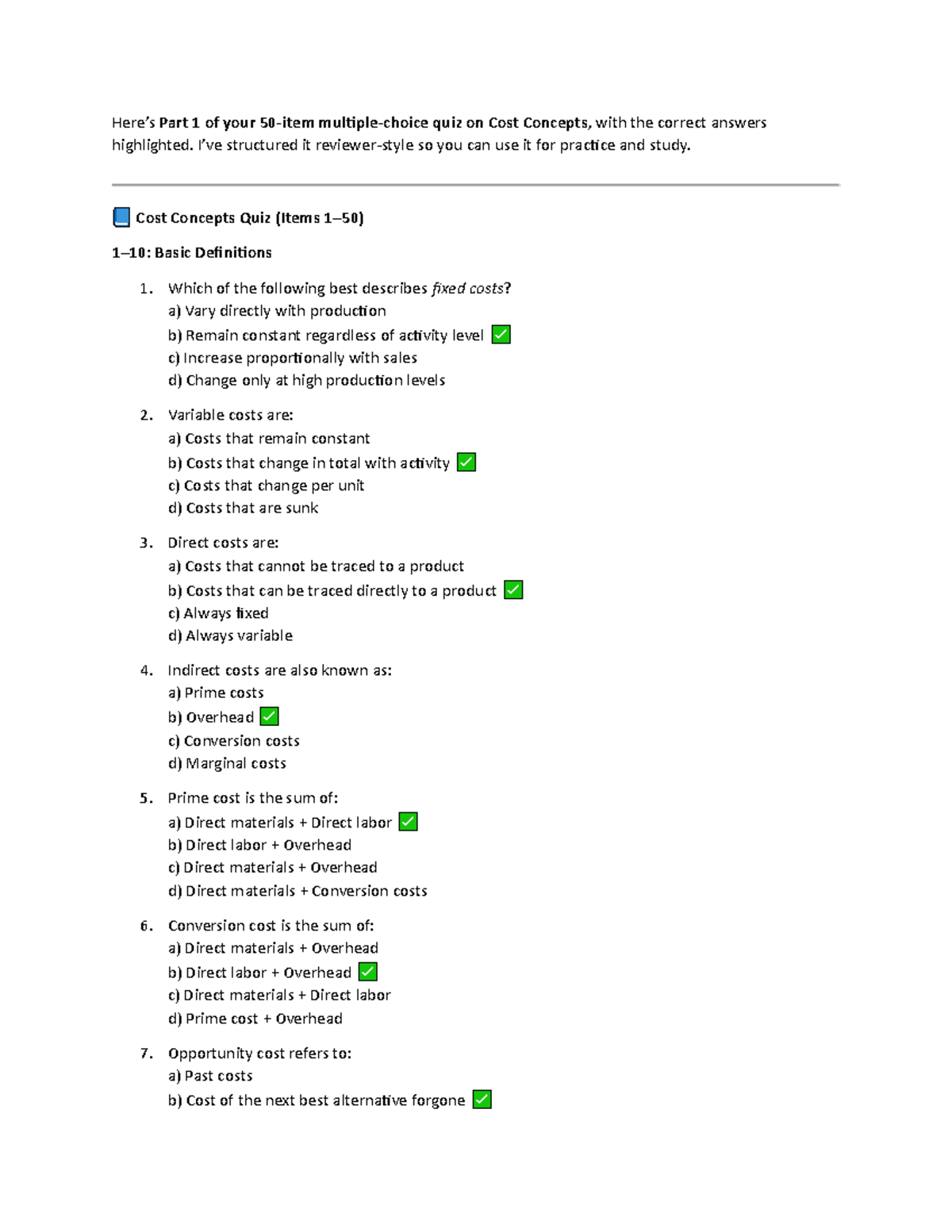 Cost Concepts Quiz 1 - Practice Questions with Answers Highlighted ...