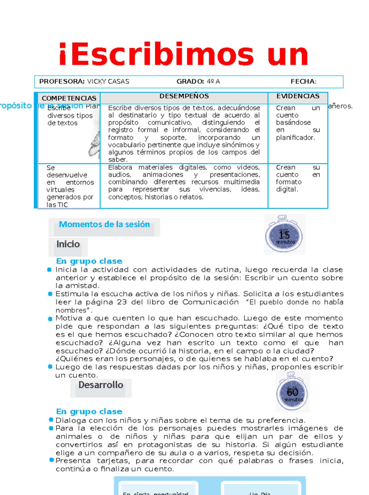 08-08-4ºA-Escribimos un cuento - 1 sesión Planificar la escritura de un cuento que será leído ...