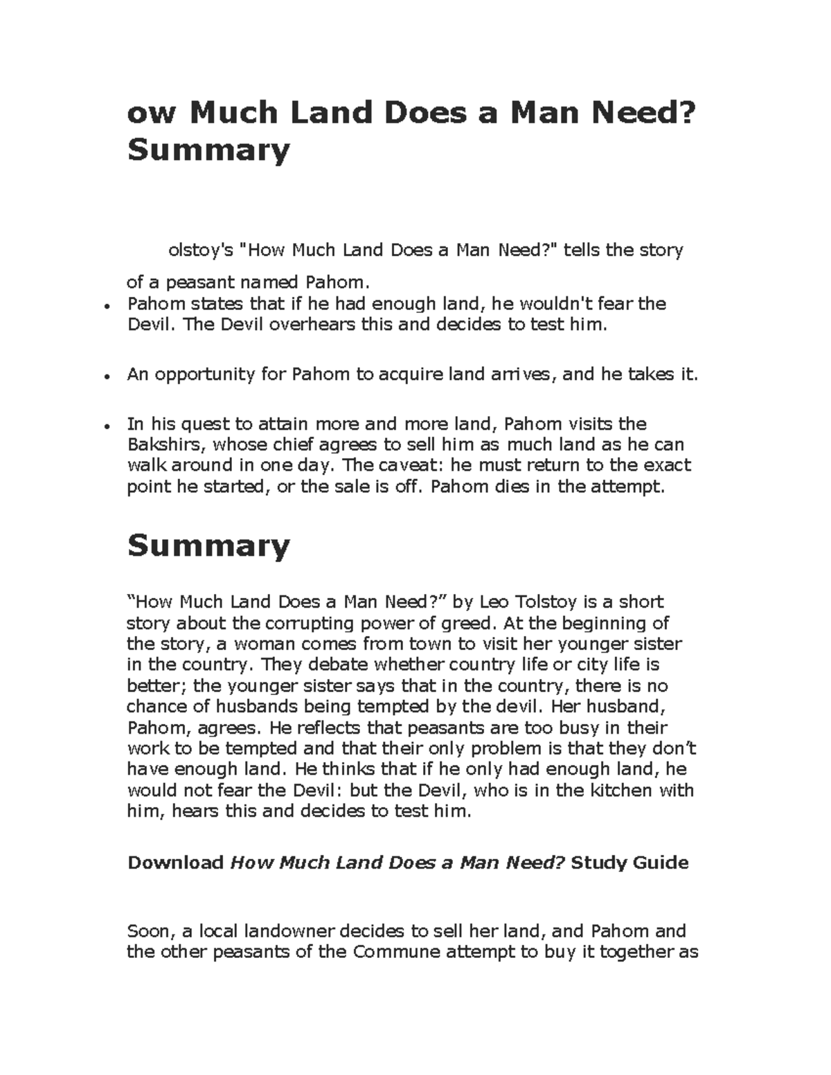 How Much Land Does a Man Need? Summary & Analysis (P18ELC309) - Studocu