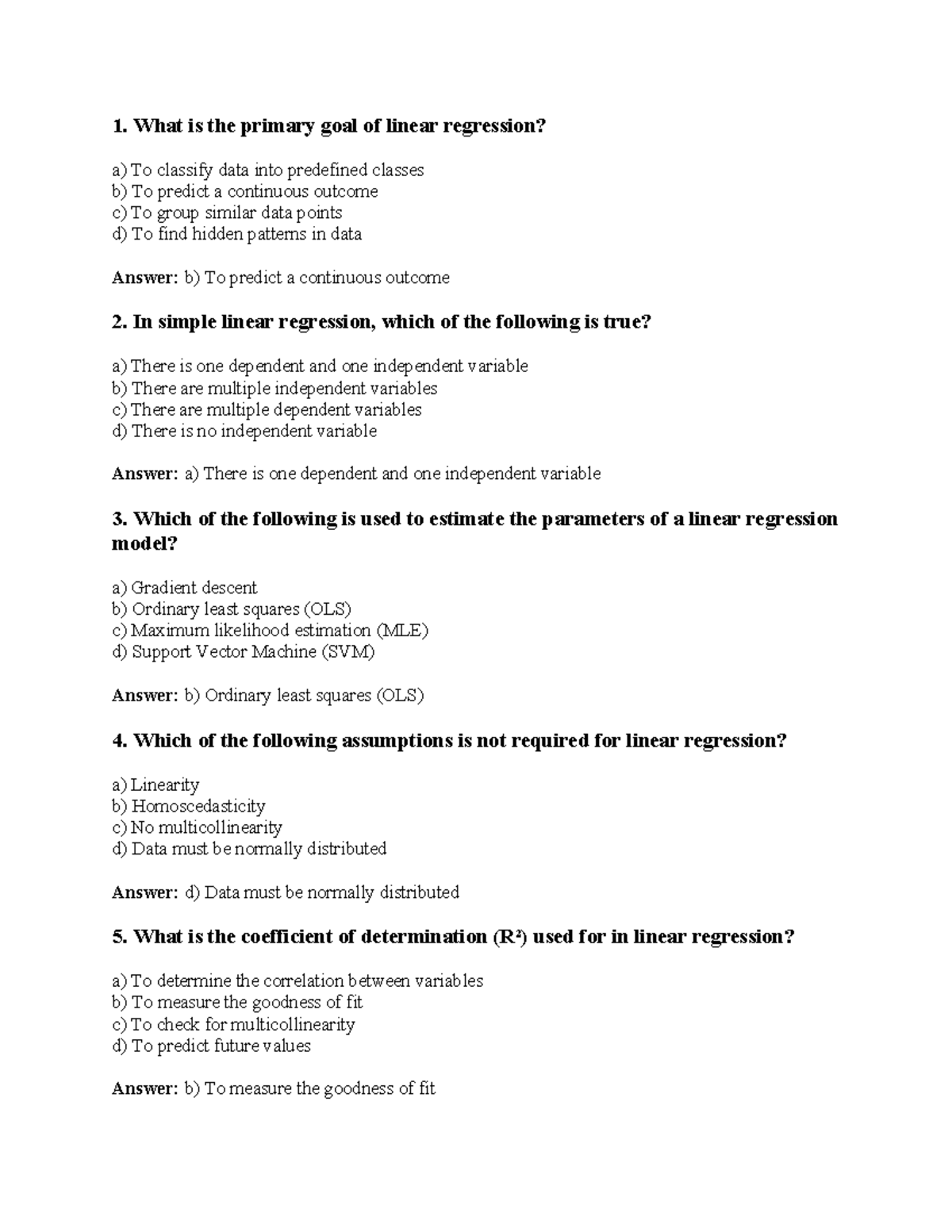 MCQ Regression for Linear Models and Assumptions Analysis - Studocu