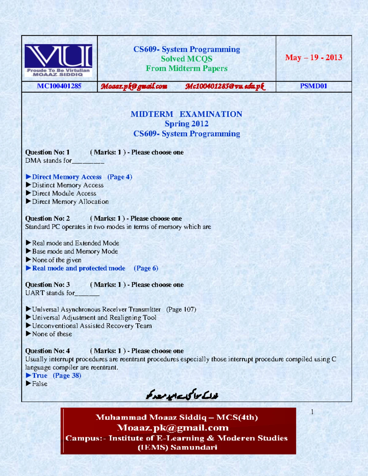 Cs604 final term mcqs solved with references by moaaz - CS604- Operating Systems Solved MCQS ...