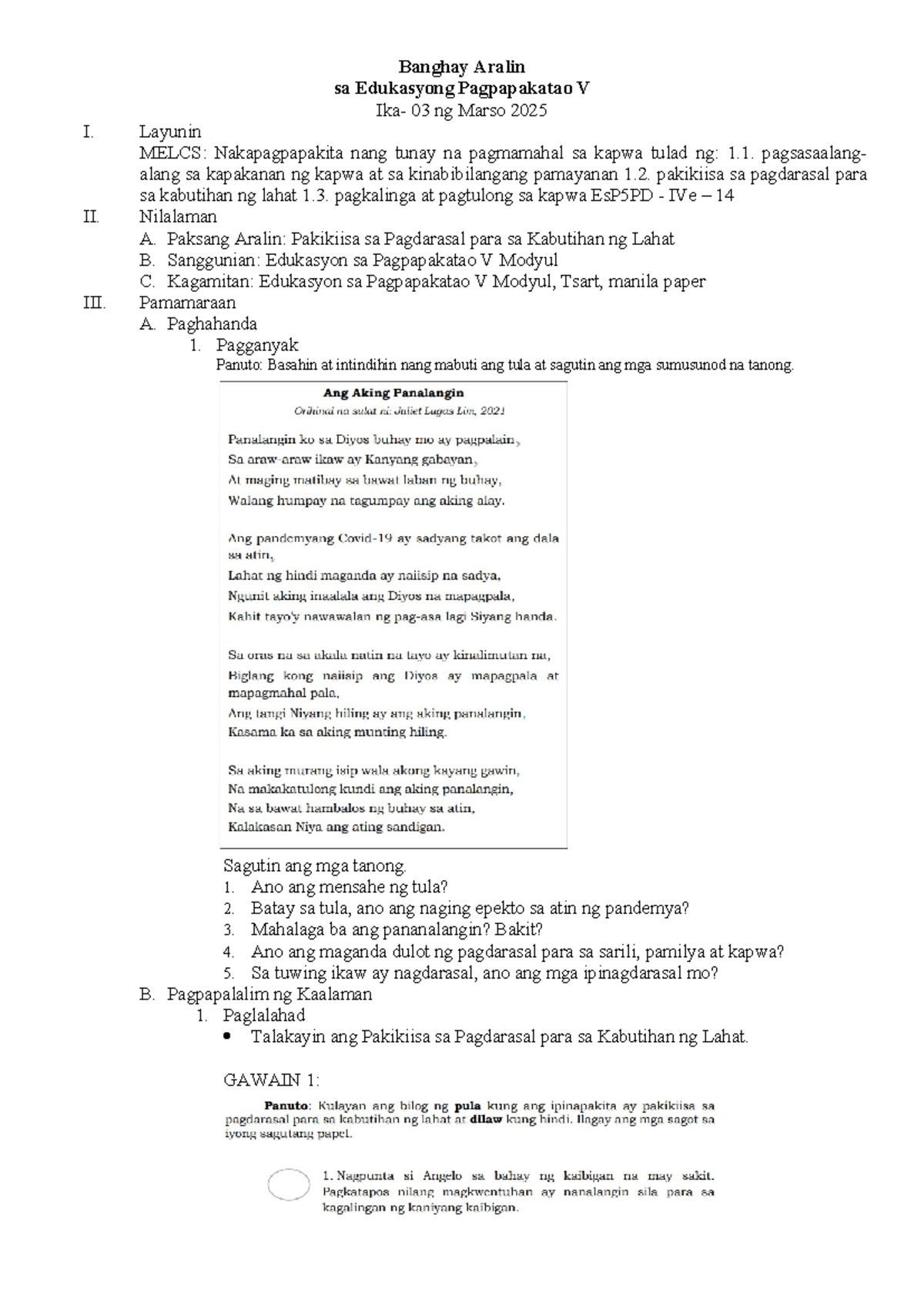 ESP GIYA - Semi-Detailed Lesson Plan on Prayer & Solidarity in EsP V ...