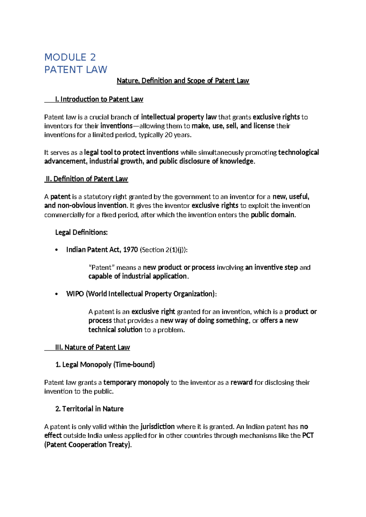 IPR M2 - Patent Law: Nature, Definition, and Scope Overview - Studocu